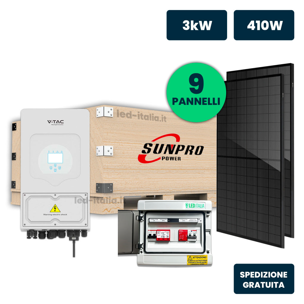 KIT Fotovoltaico Monofase 3kW con Inverter Ibrido, 9 Moduli TIER-1 410